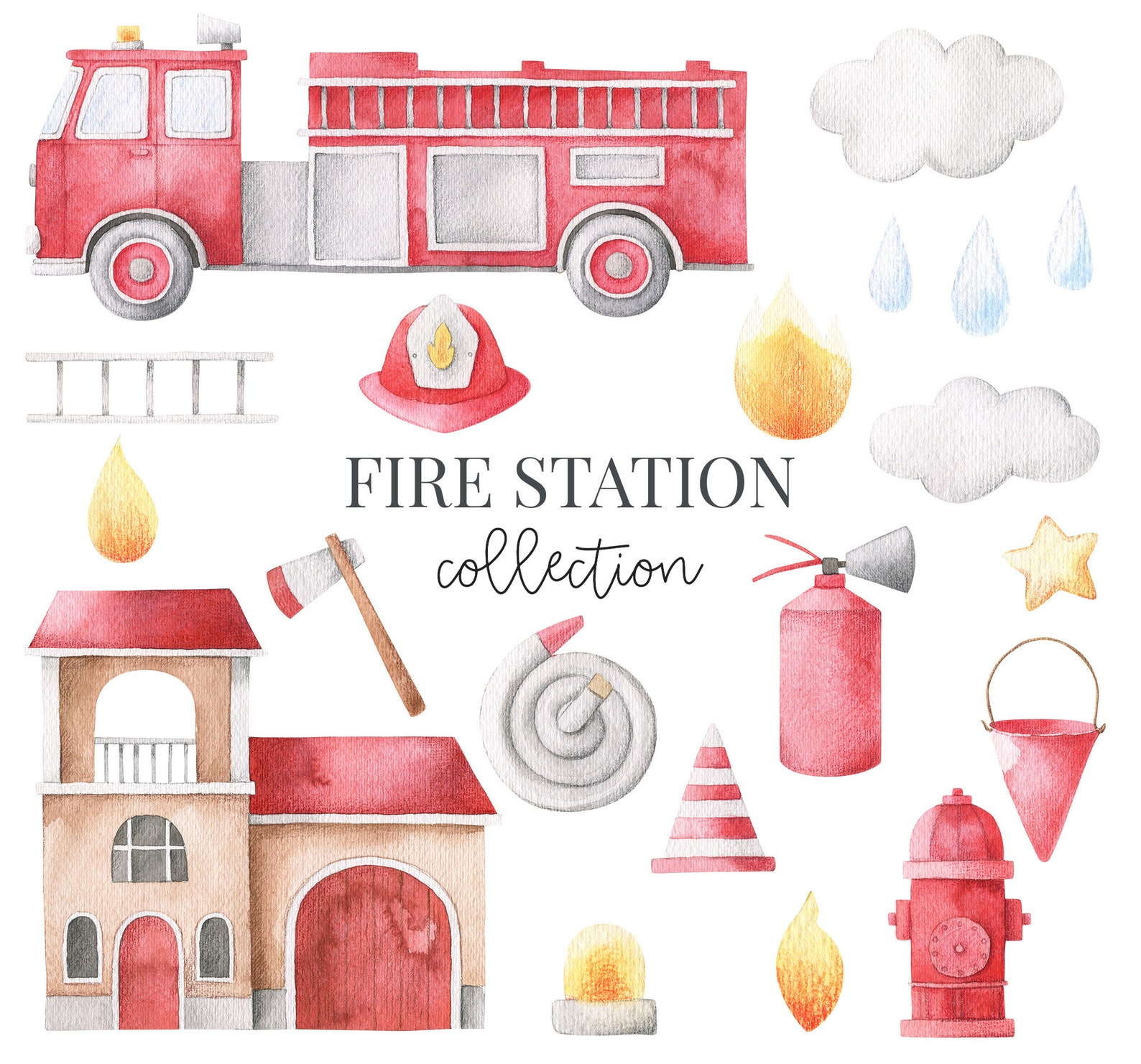 Watercolor Fire Truck, Fire Station, Department, Helmet, Firefighter ...