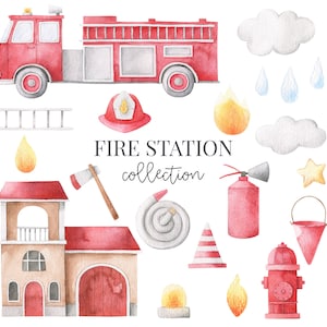 Watercolor Fire Truck, Fire Station, Department, Helmet, Firefighter ...