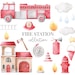 Watercolor Fire Truck, Fire Station, Department, Helmet, Firefighter ...