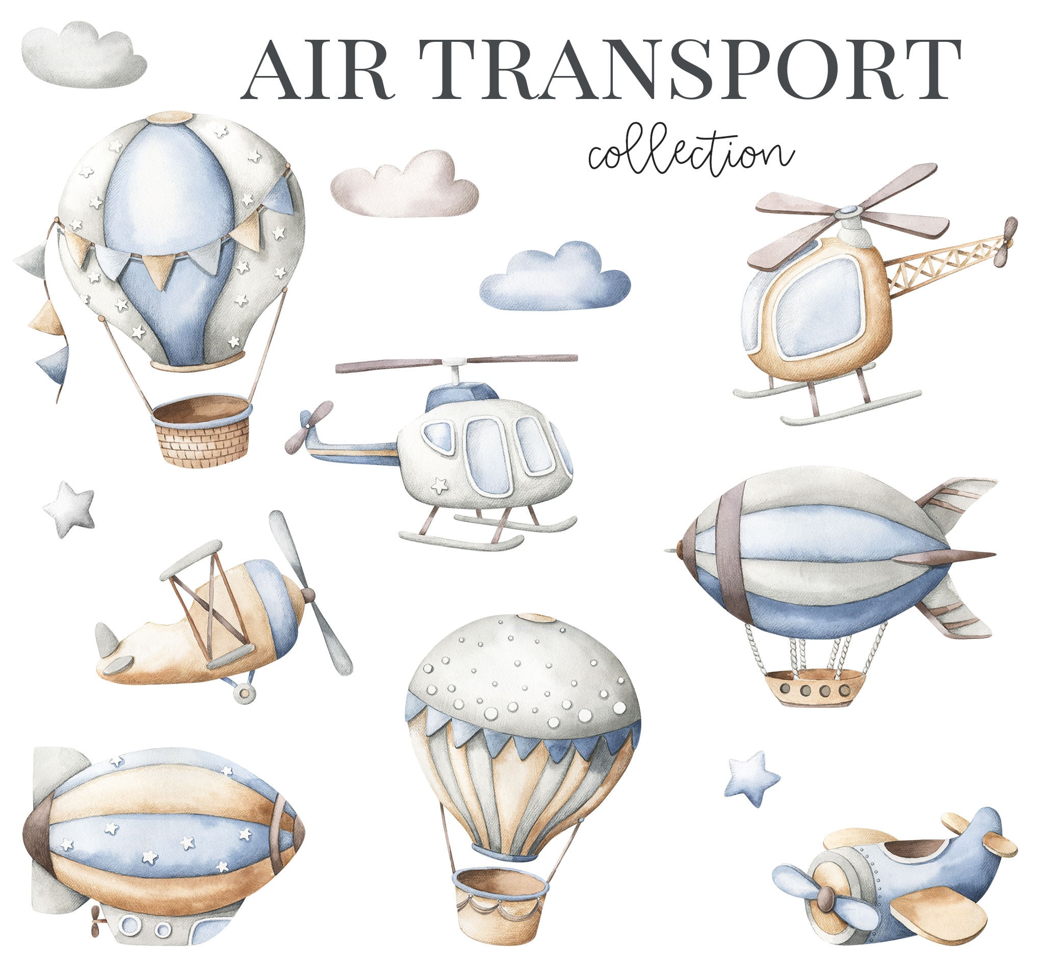 Air Transport Watercolor Clipart, Helicopter Hot Air Balloon Zeppelin ...