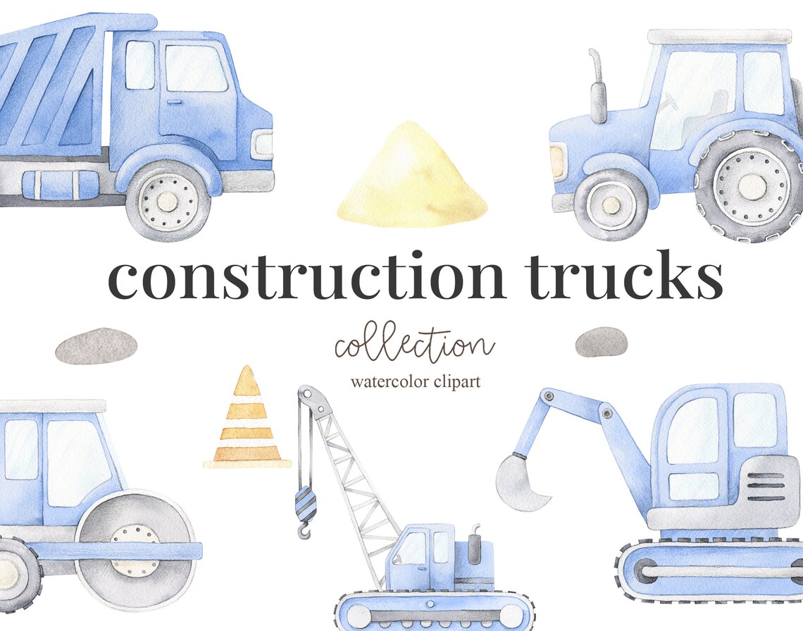 Watercolor Construction Trucks, Construction Cars, Boys Clipart ...
