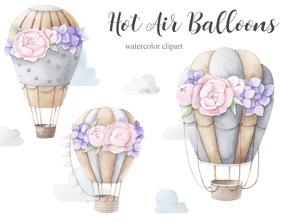 Hot Air Balloon Watercolor Clipart, Kids Clipart, Nursery Decor, Baby ...