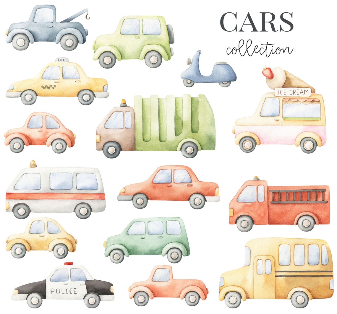 Watercolor Cars Trucks Buildings Road Boys Clipart Nursery - Etsy