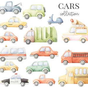 Watercolor Cars Trucks, Buildings, Road, Boys Clipart, Nursery Decor ...