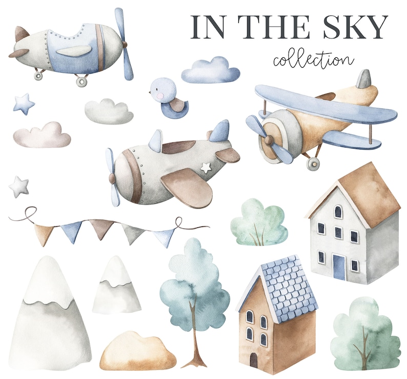 Airplanes Watercolor Clipart, Kids Clipart, Nursery Decor, Baby Boy ...