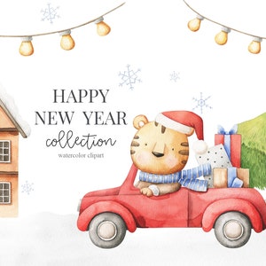 Tiger Christmas Watercolor Clipart Merry Christmas Clip Art Car New ...