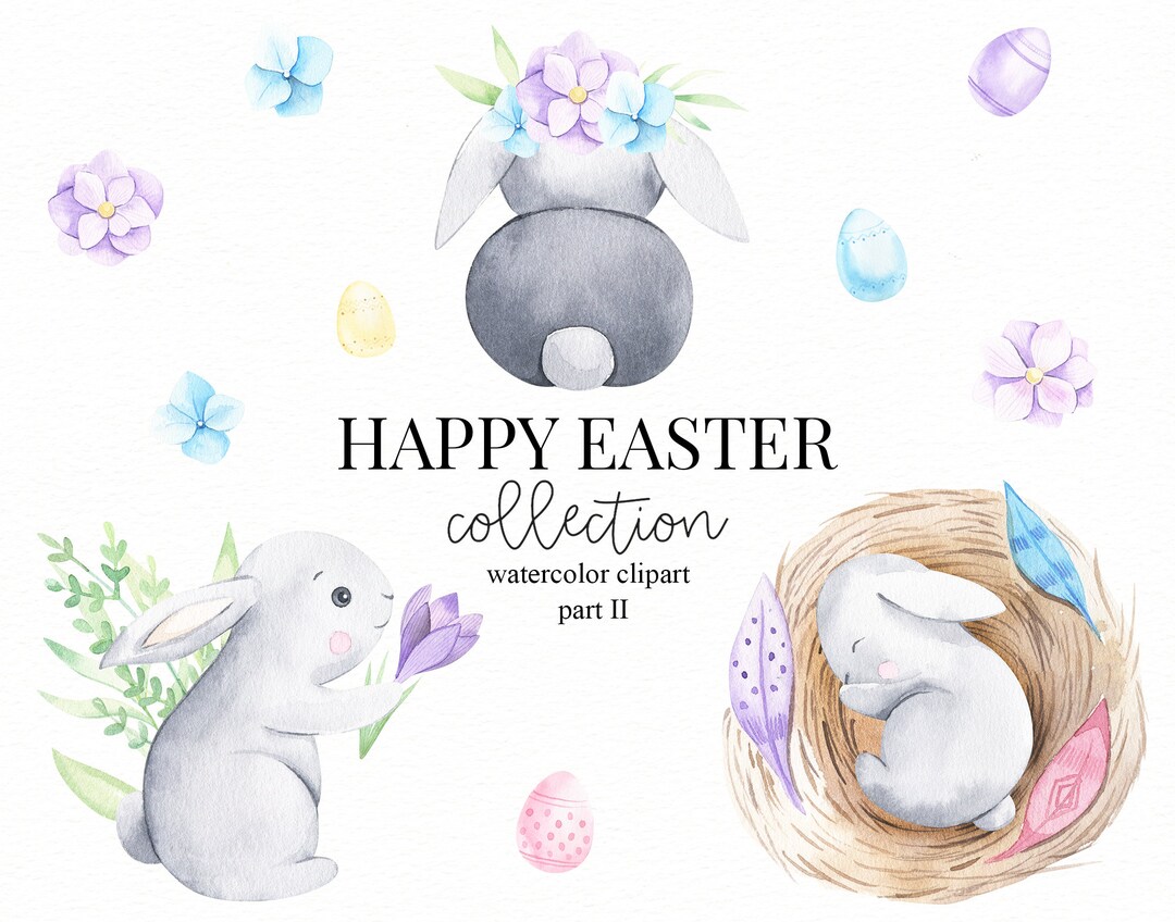 Watercolor Easter Bunny Clipart, Egg, Holiday Rabbits and Floral Clip ...