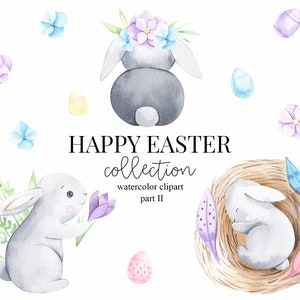 Watercolor Easter Bunny Clipart, Egg, Holiday Rabbits and Floral Clip ...