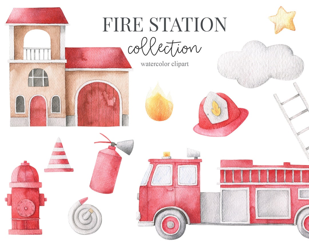 Watercolor Fire Truck, Fire Station, Department, Helmet, Firefighter ...