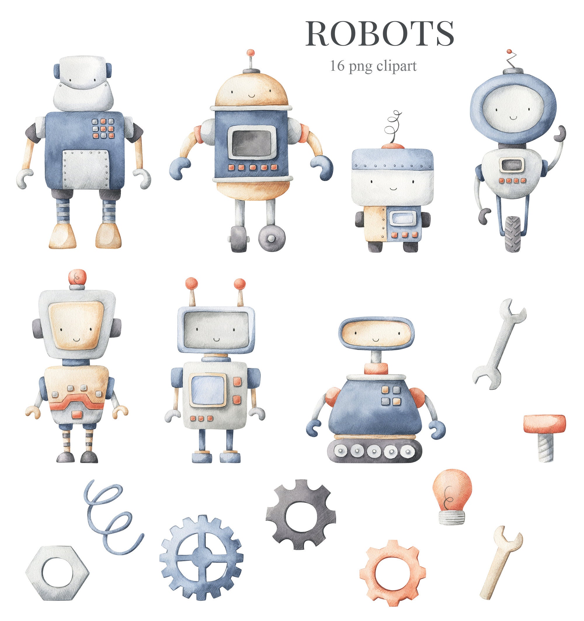 Robot Watercolor Clipart, Kids, Boys, Mechanic, Technic, Character ...