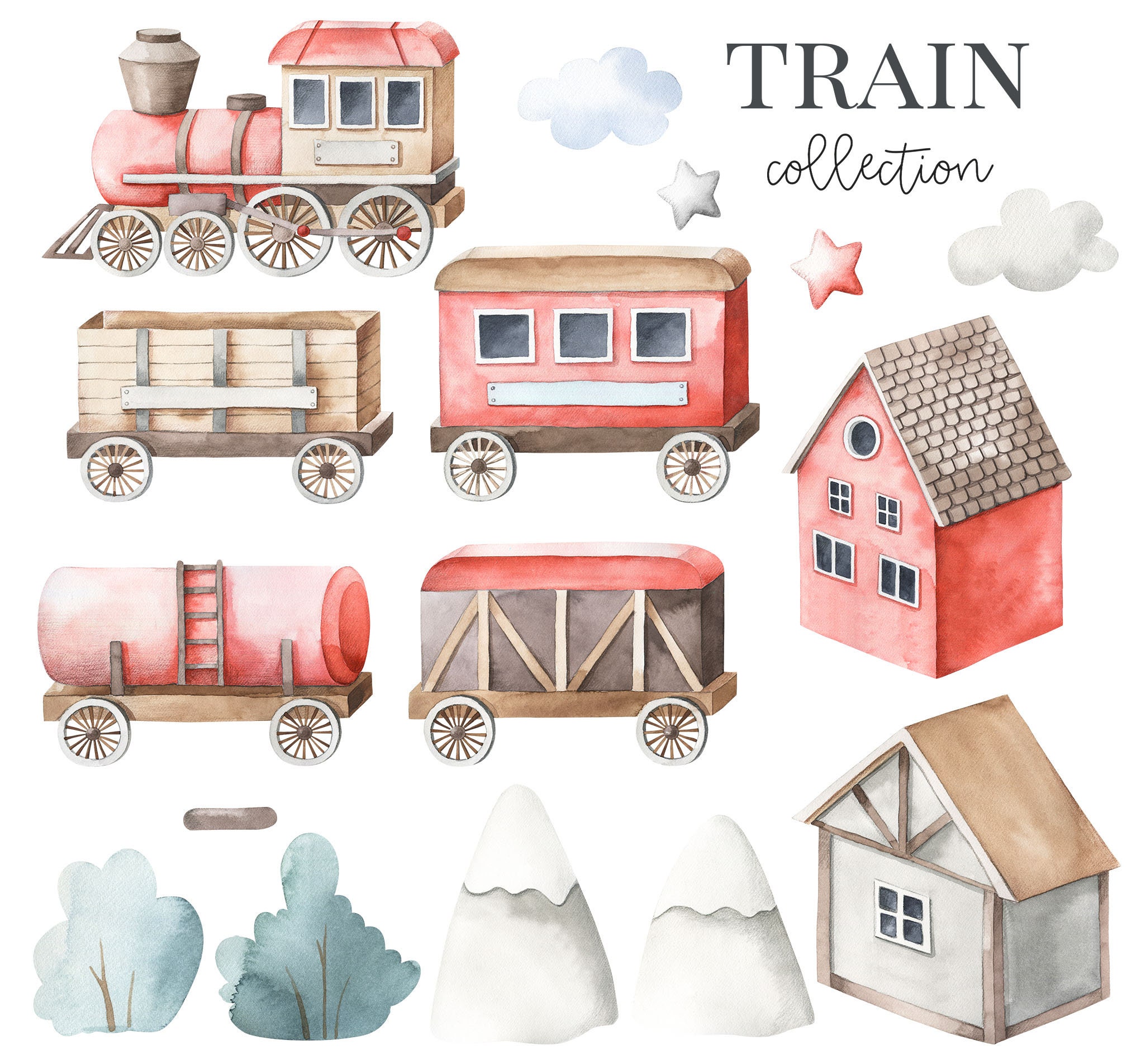 Watercolor Train Clipart Rail Wagons Watercolor Kids - Etsy