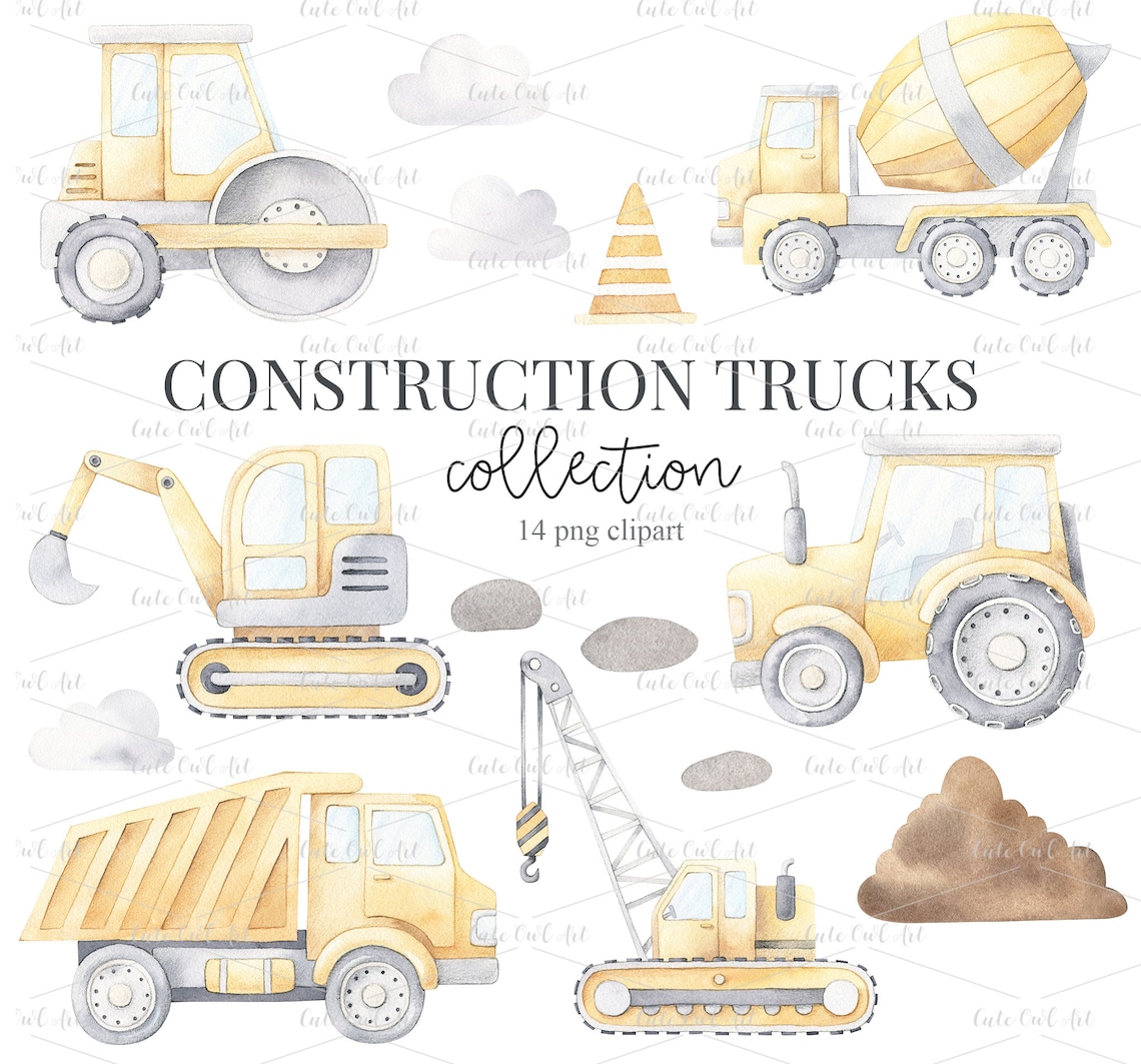 Watercolor Construction Trucks, Construction Cars, Boys Clipart ...