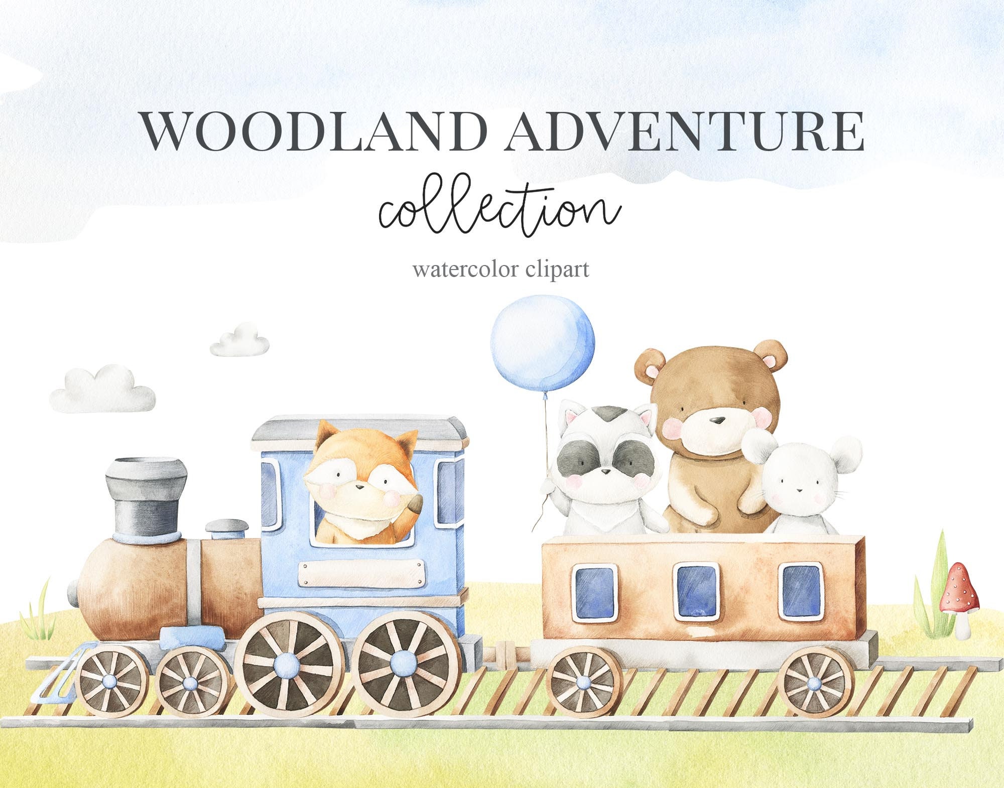 Woodland Train Animal Clipart - Watercolor Forest. Bear, Fox, Raccoon ...