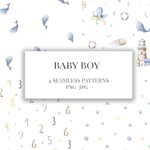 Baby Boy Seamless Pattern / Watercolor Nautical Numbers Whales Dots ...