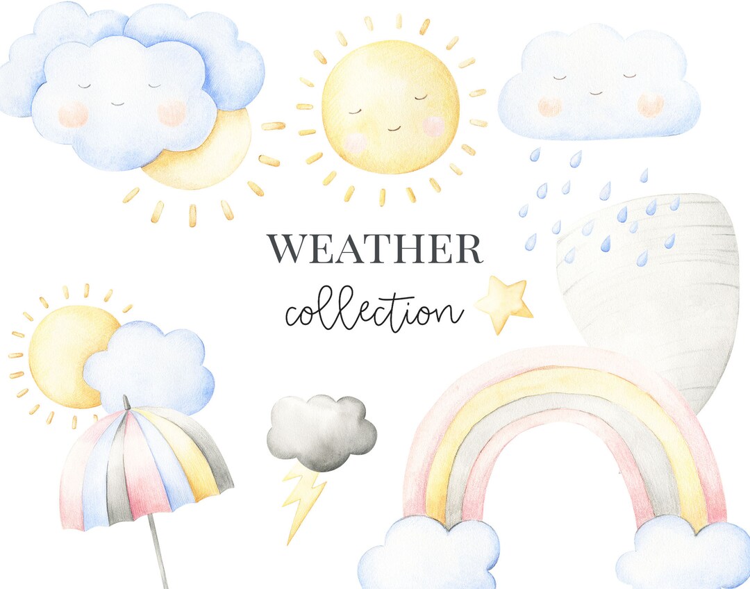 Watercolor Weather Clipart. Sun Clouds Thunderstorm. Baby Clip Art Baby ...