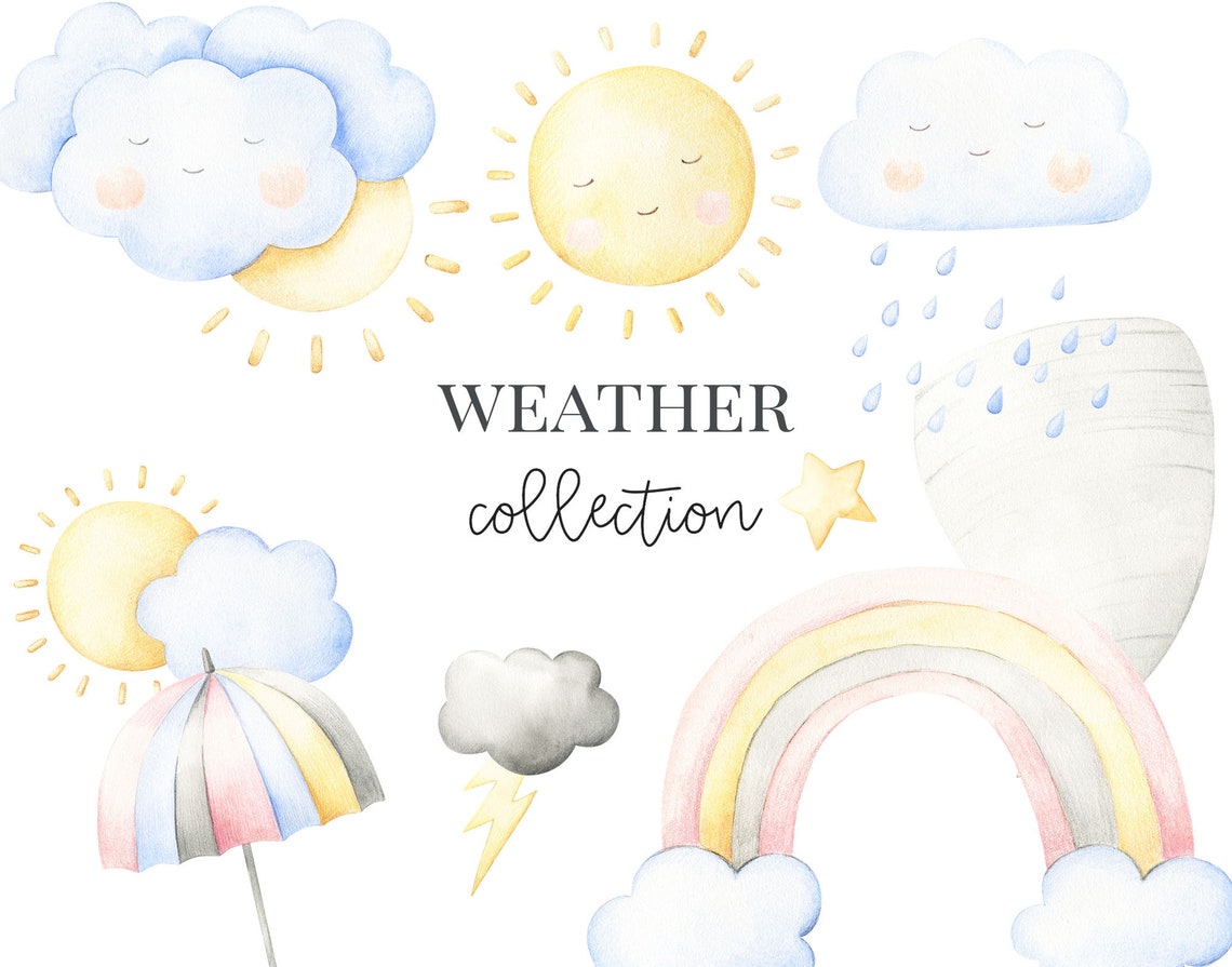 Watercolor Weather Clipart. Sun Clouds Thunderstorm. Baby Clip - Etsy