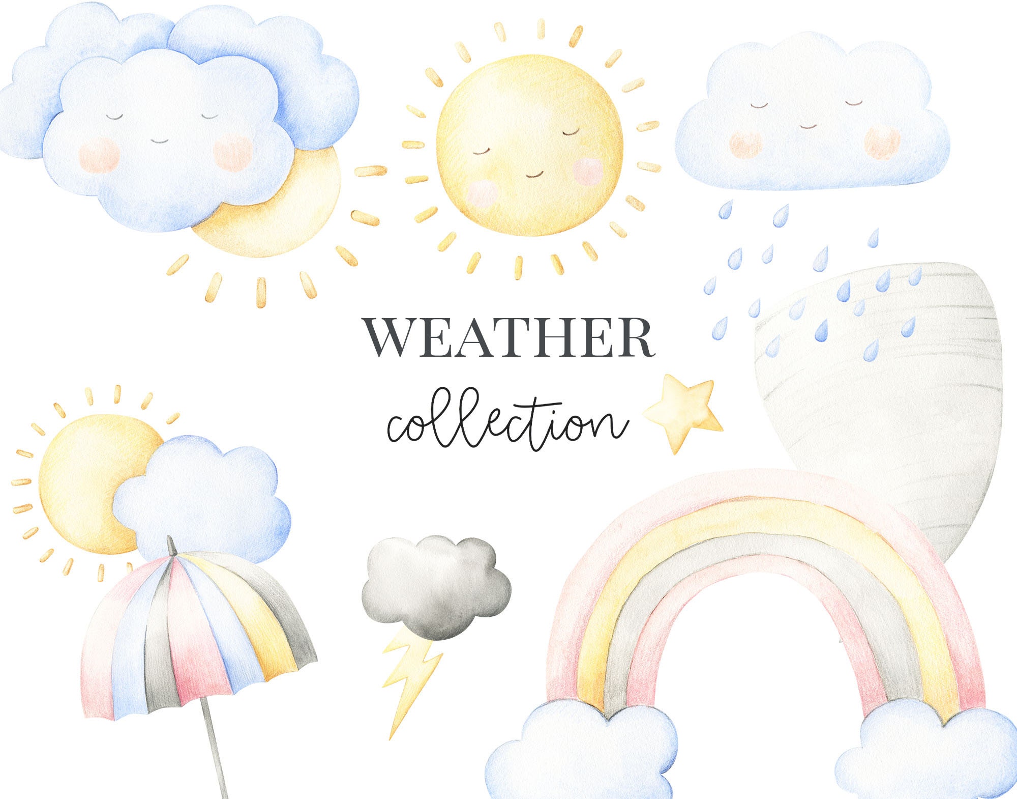 Watercolor Weather Clipart. Sun Clouds Thunderstorm. Baby Clip - Etsy