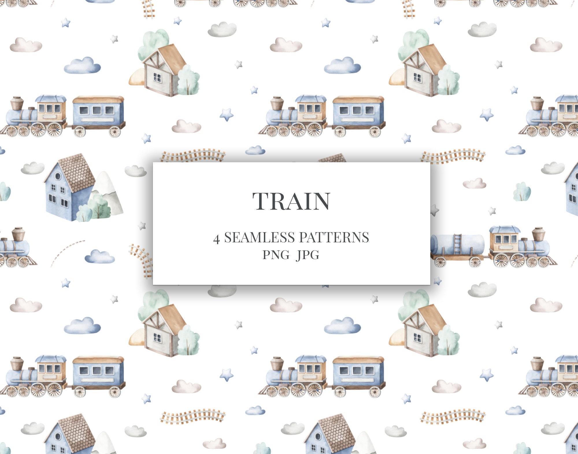 Watercolor Train Seamless Pattern / Rail Vagons Digital - Etsy