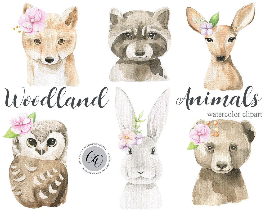 Woodland animals Watercolor Clipart Kids Clipart Nursery | Etsy