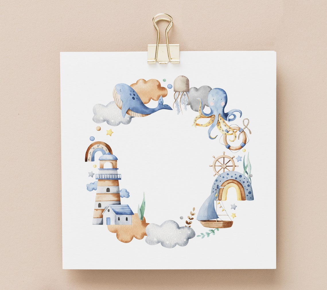 Nautical Wreath. Baby Boy Wreath Clipart. Watercolor Baby | Etsy