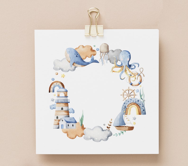 Nautical Wreath. Baby Boy Wreath Clipart. Watercolor Baby Illustrations ...