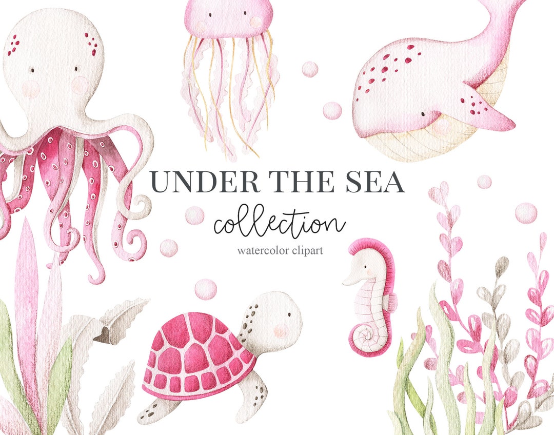 Watercolor Under the Sea Clipart. Baby Girl Pink Nautical Clip Art Baby ...