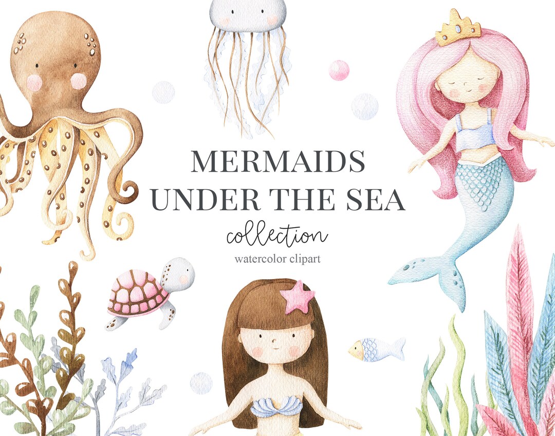Watercolor Under the Sea Clipart. Mermaids. Baby Girl Nautical Clip Art ...