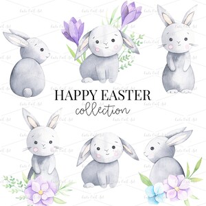 Cute Easter Watercolor Clipart Bunny Flowers Eggs Clip Art Happy Easter ...