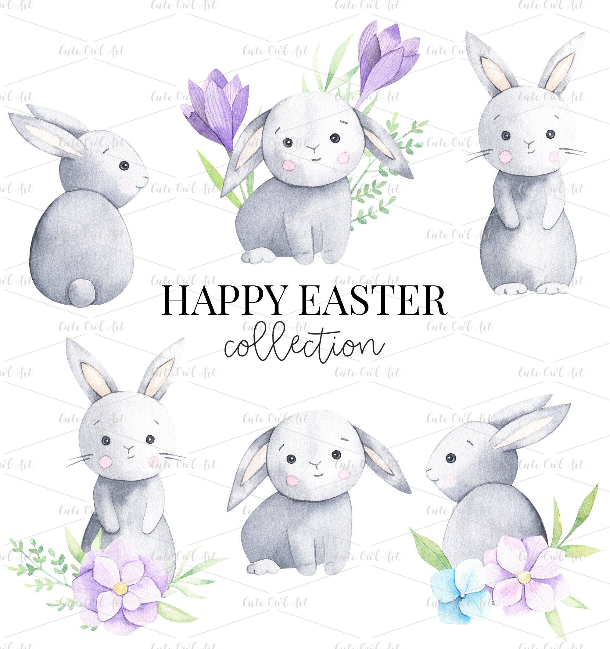 Cute Easter Watercolor Clipart Bunny Flowers Eggs Clip Art Happy Easter ...