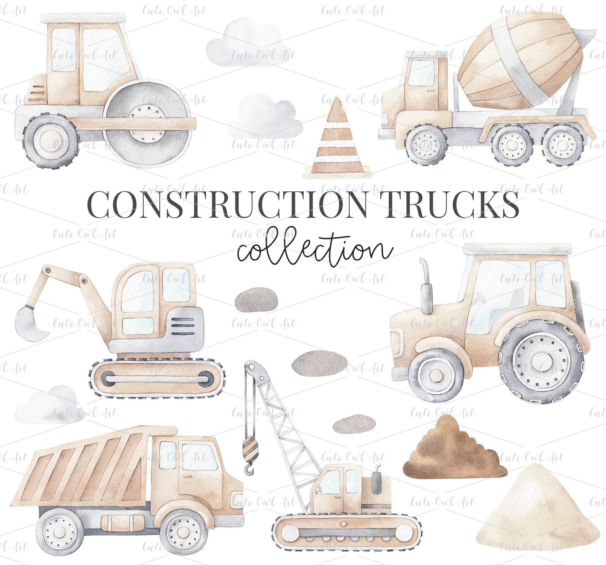 Watercolor Construction Trucks Construction Cars Boys - Etsy