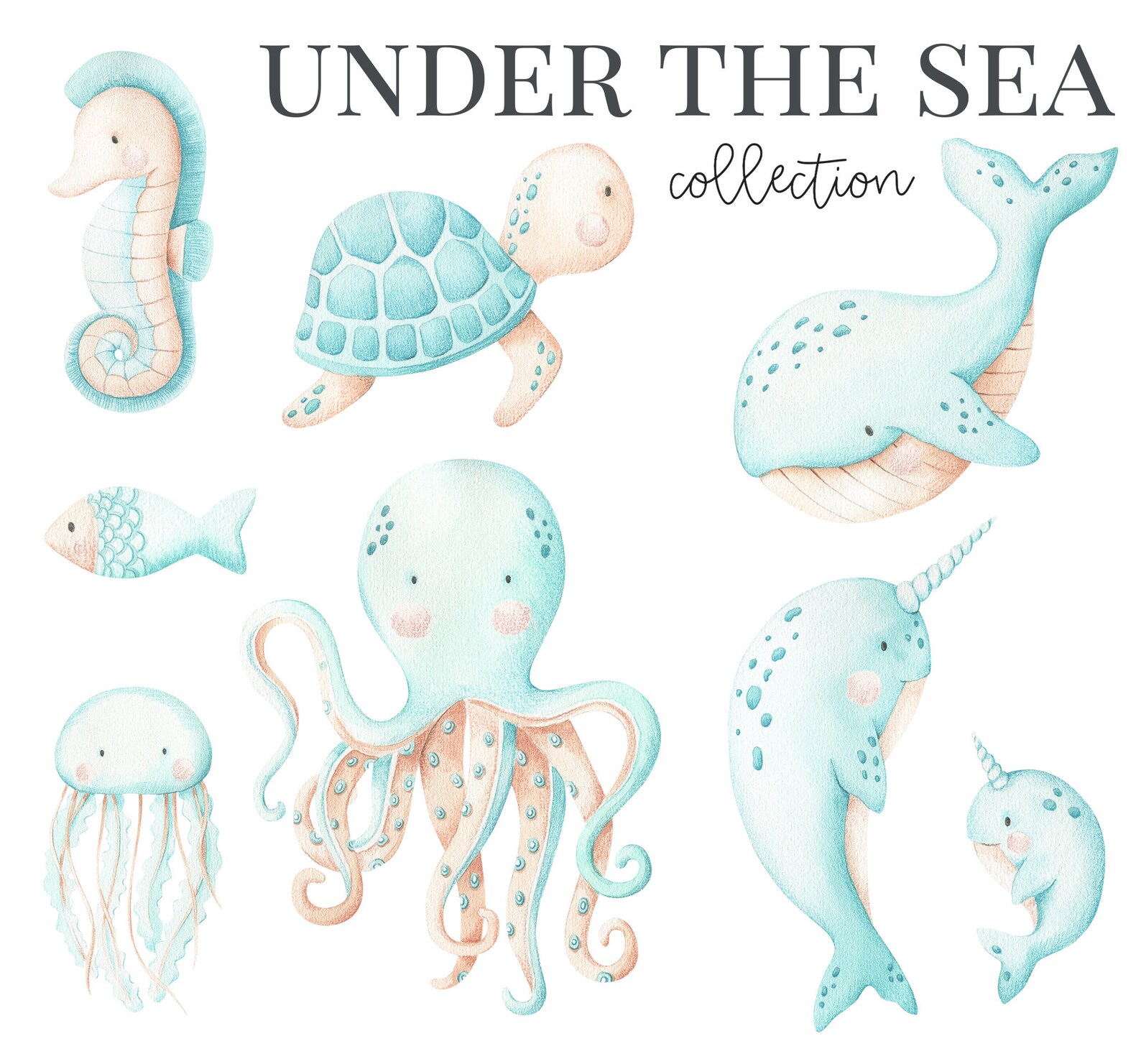 Watercolor Under the Sea Clipart. Baby Girl Mint Turquoise Nautical ...