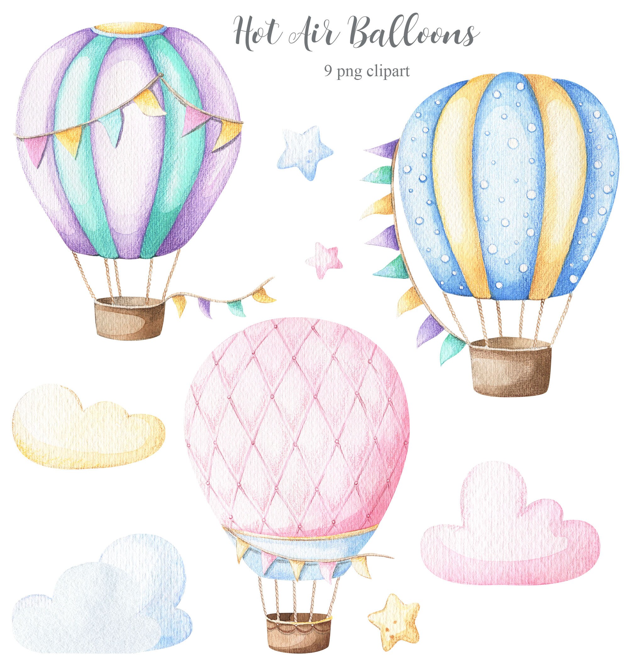 Hot Air Balloon Watercolor Clipart, Kids Clipart, Nursery Decor, Baby ...
