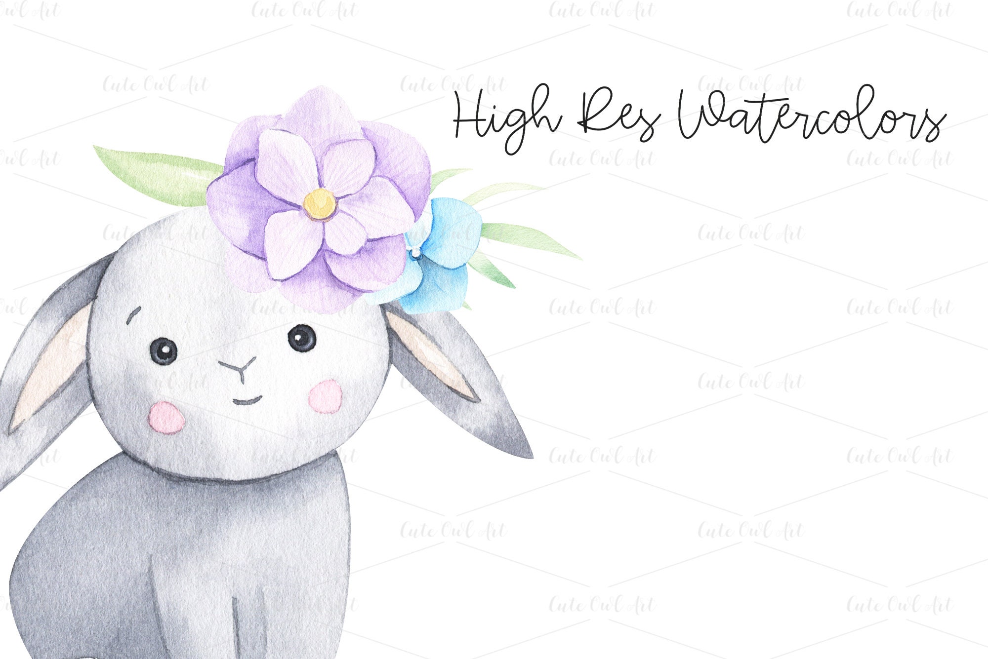 Cute Easter Watercolor Clipart Bunny Flowers Eggs Clip Art - Etsy