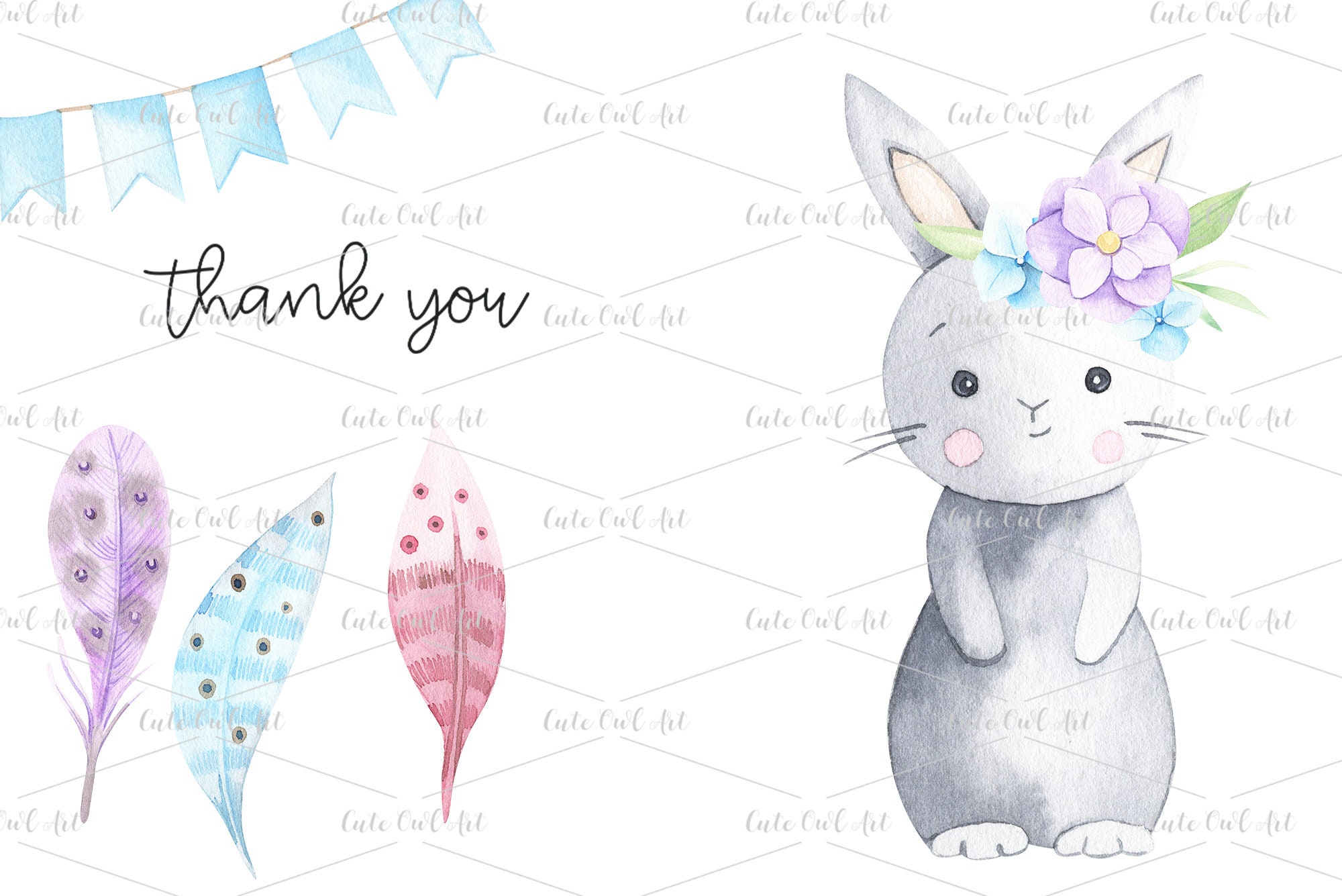 Cute Easter Watercolor Clipart Bunny Flowers Eggs Clip Art | Etsy
