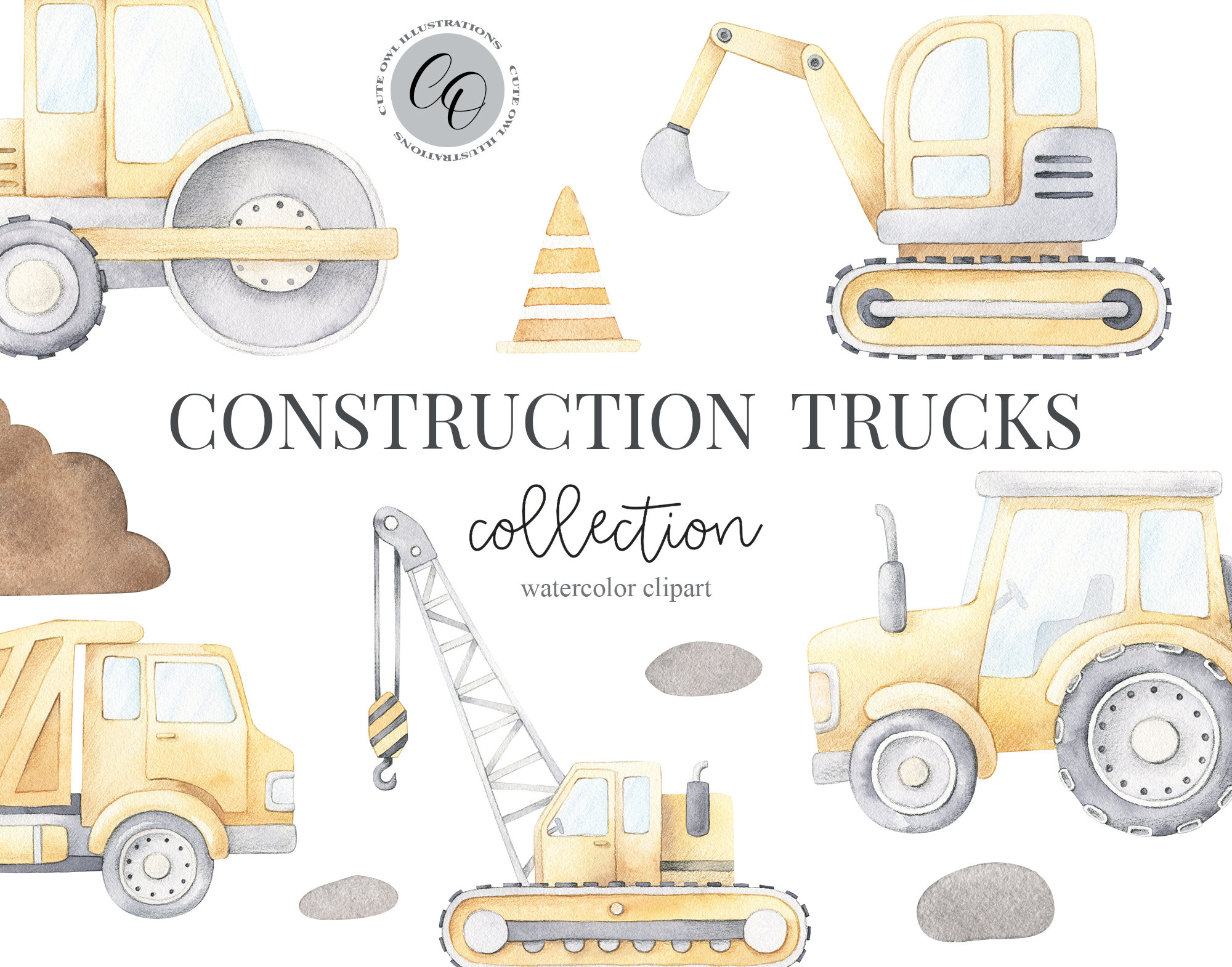 Watercolor Construction Trucks Consrtuction Cars Boys | Etsy