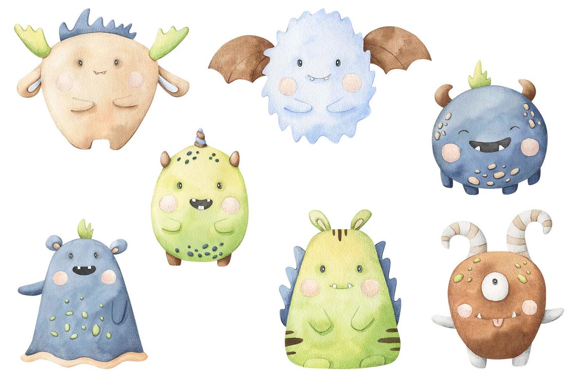 Monsters Watercolor Clipart. Cute Monsters Nursery Art Wall - Etsy