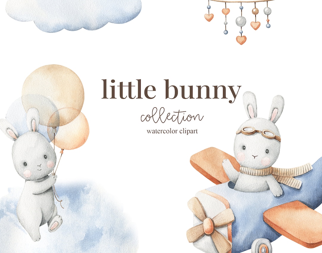 Little Bunny Watercolor Clipart, Animal Pilot, Driver, Kids Clipart ...