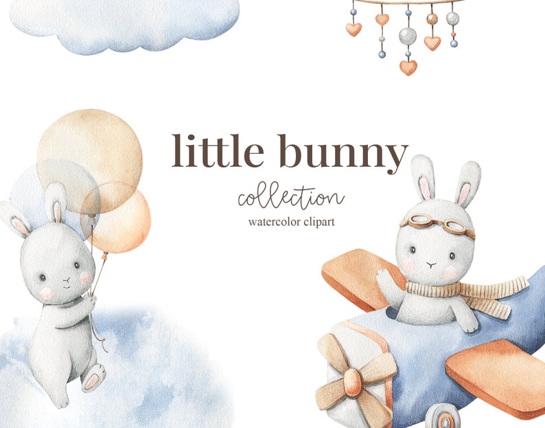 Little Bunny Watercolor Clipart, Animal Pilot, Driver, Kids Clipart ...