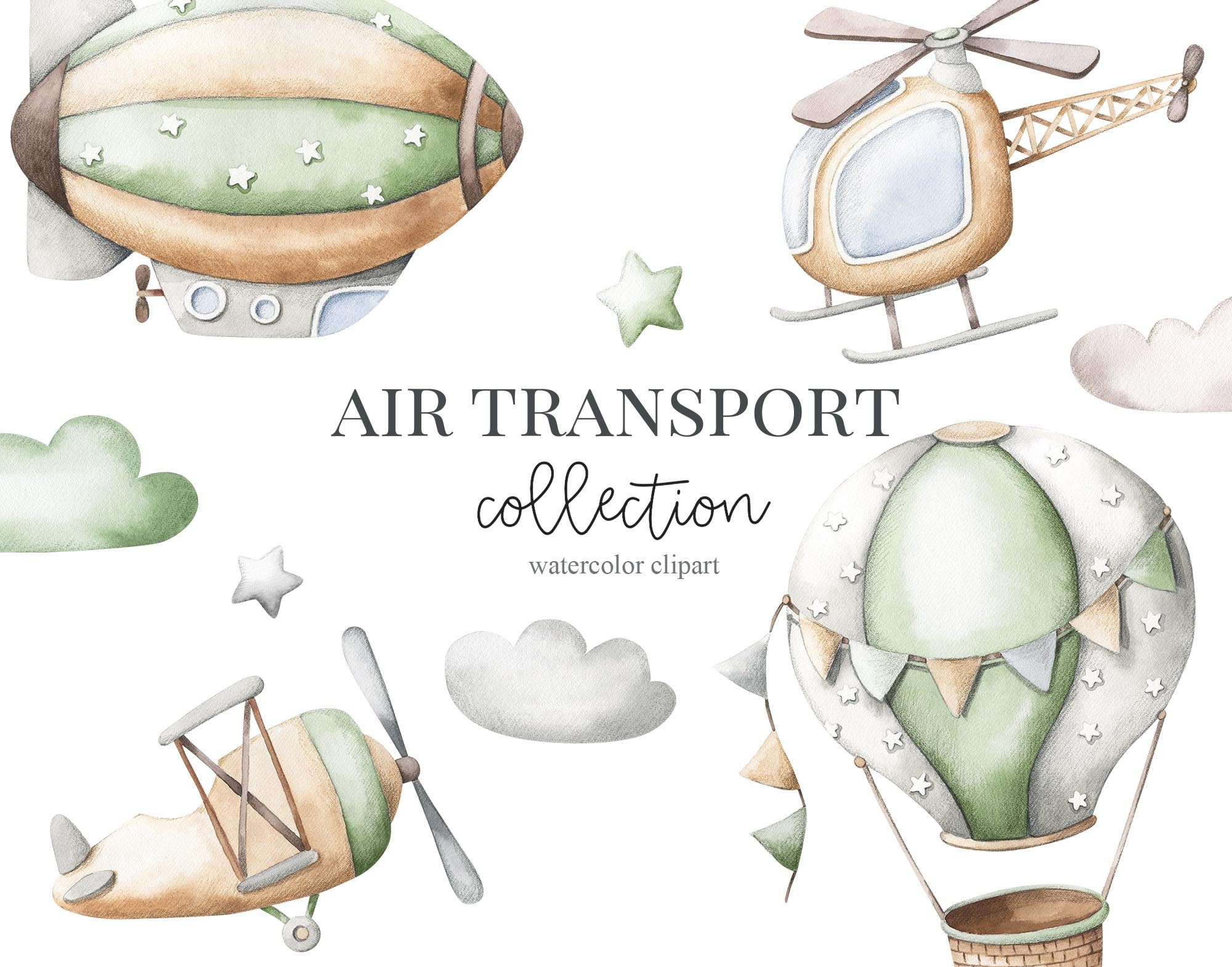 Air Transport Watercolor Clipart Helicopter Hot Air Balloon - Etsy