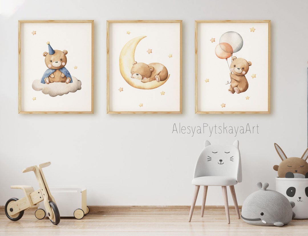 Set of 3 Bear Print, Baby Boy Print, Newborn Printable, Blue Brown ...
