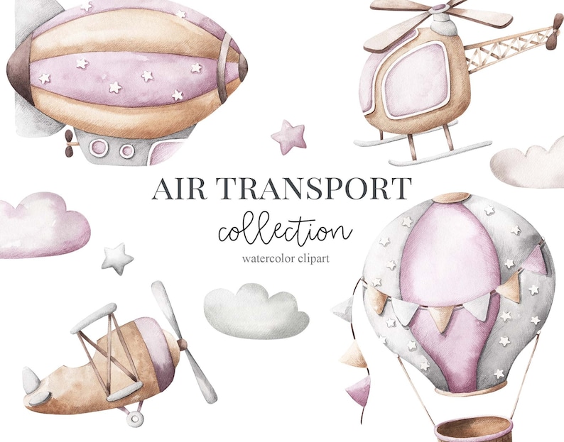 Air Transport Watercolor Clipart, Helicopter Hot Air Balloon Zeppelin ...