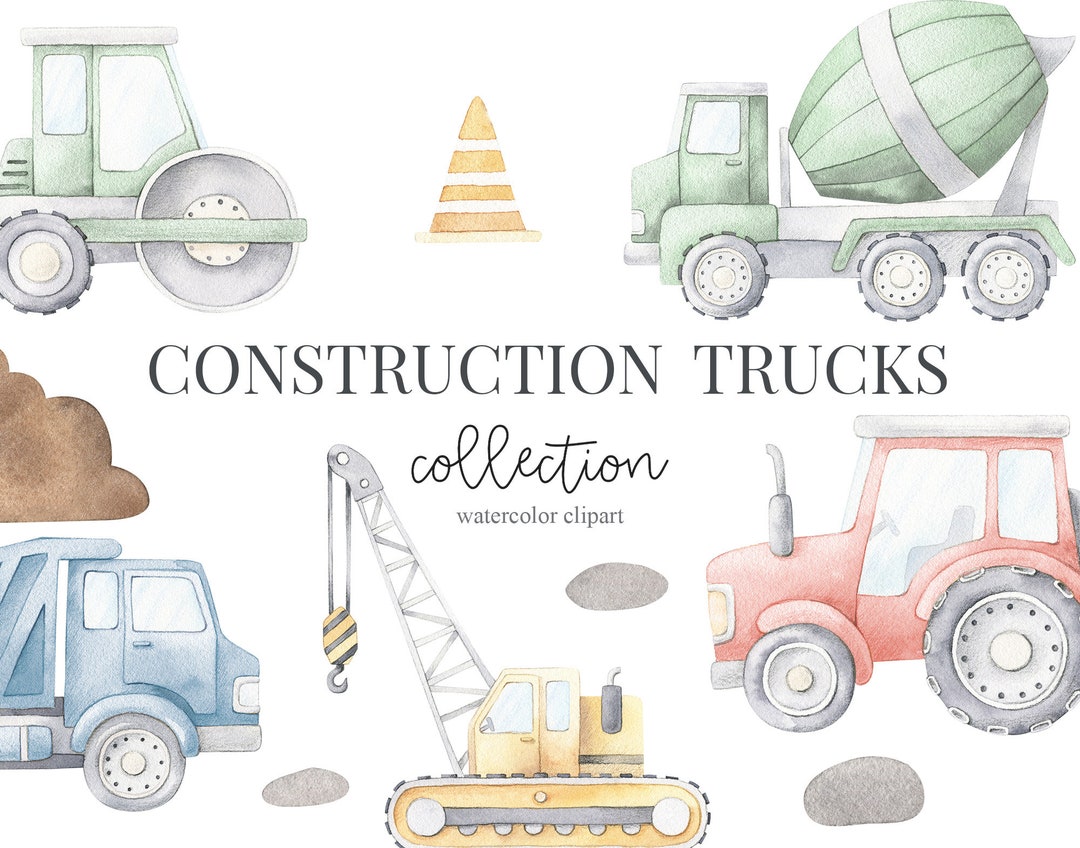 Watercolor Construction Trucks, Construction Cars, Boys Clipart ...