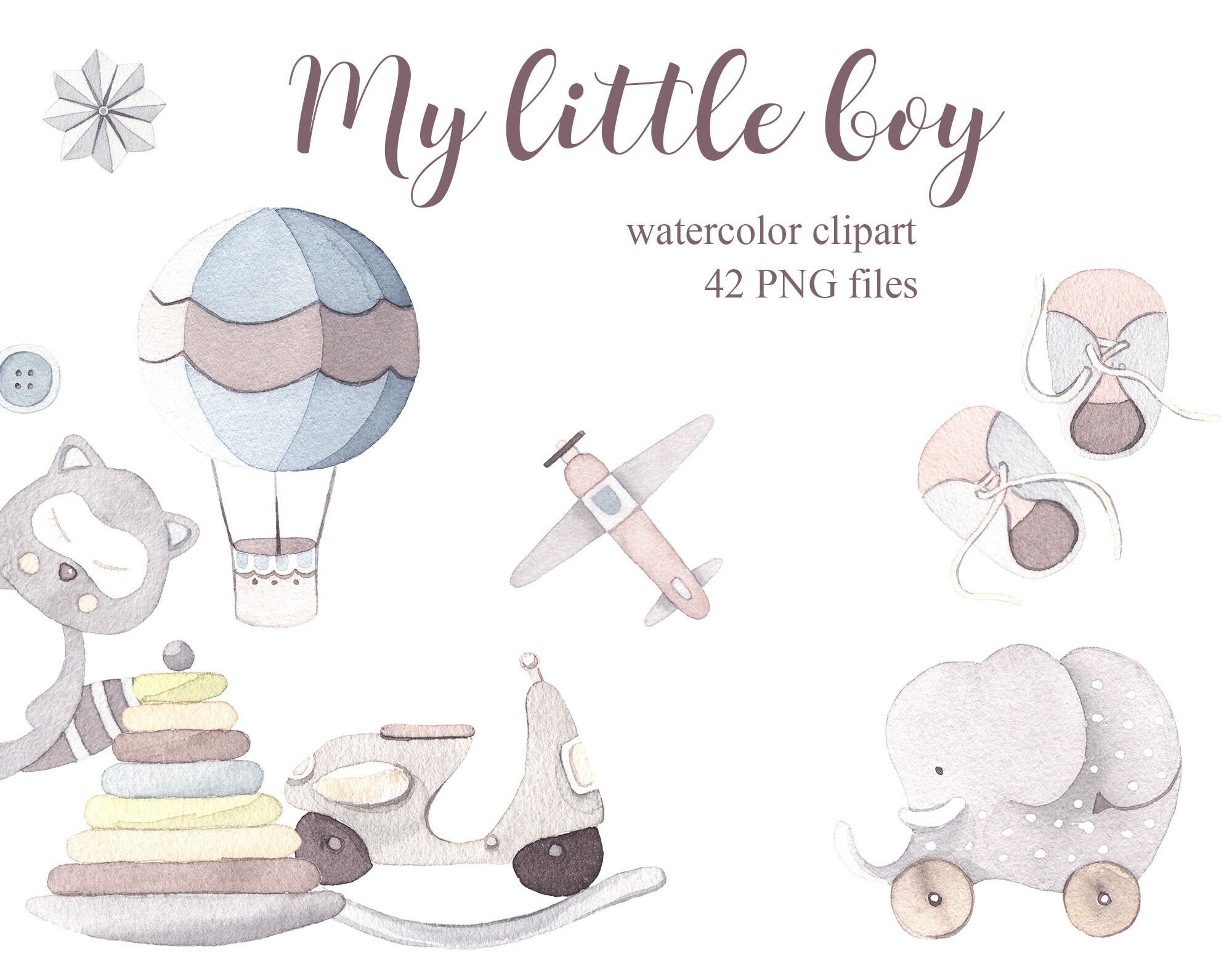 Watercolor baby boy clipart Watercolor toys Baby shower | Etsy