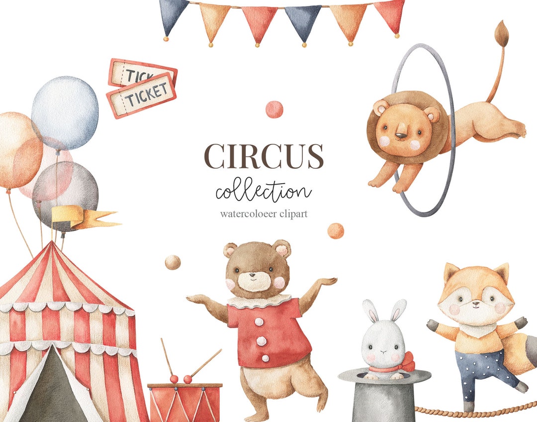 Circus Watercolor Clipart, Circus Tent, Bear, Seal, Mouse, Fox, Bunny ...
