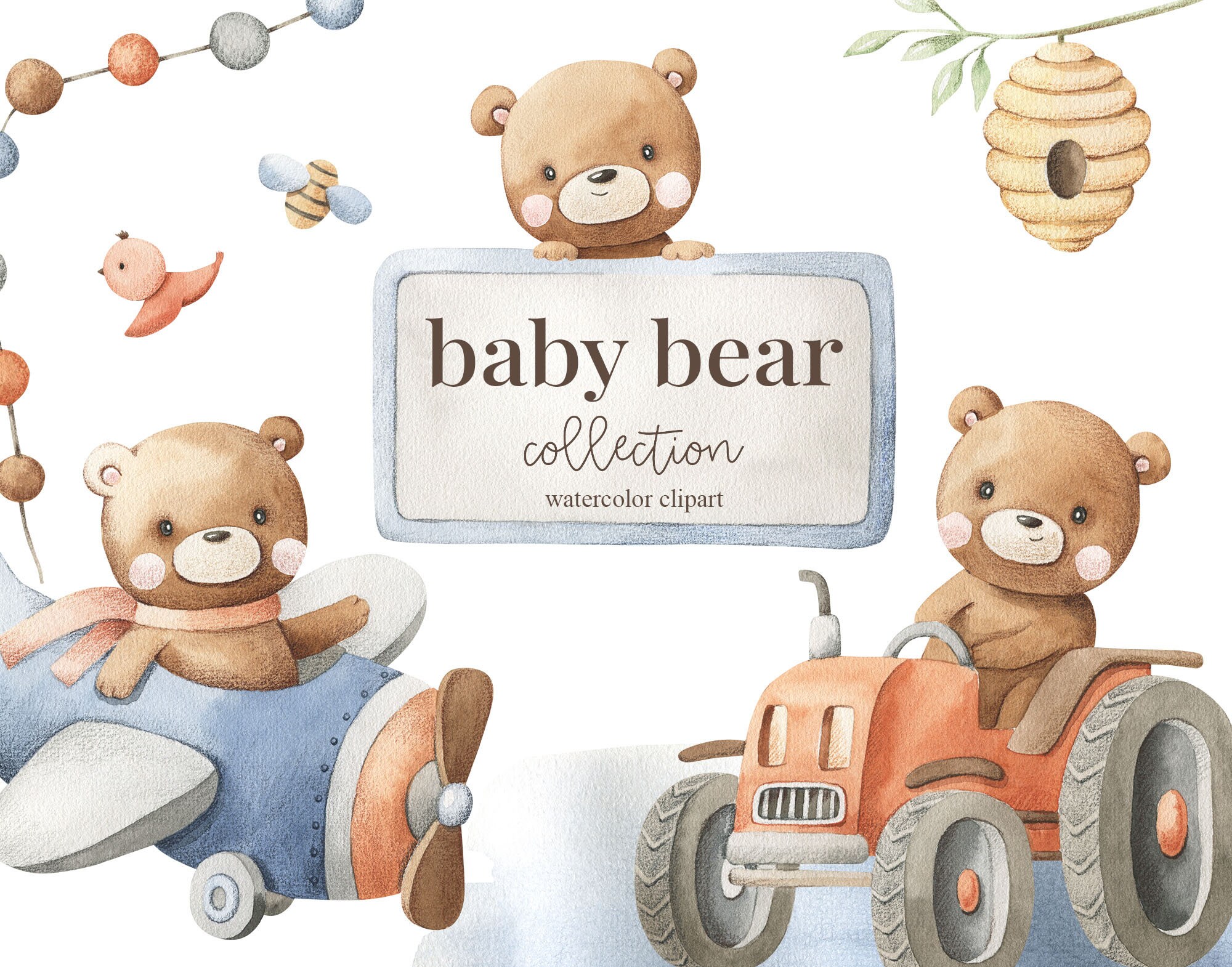 Baby Bear Watercolor Clipart Animal Pilot Driver Kids - Etsy