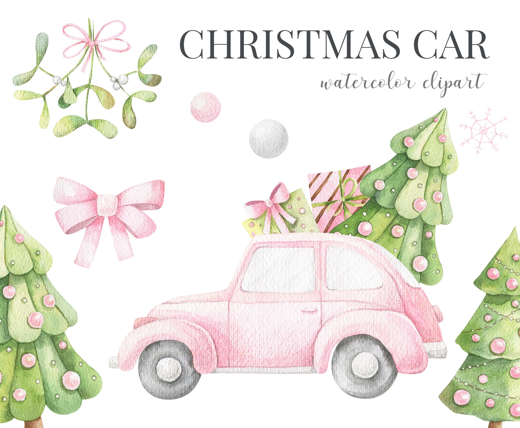 Watercolor Vintage Pink Blue Christmas Car Clipart. New Year. Holiday ...