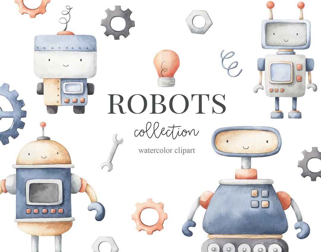 Robot Watercolor Clipart, Kids, Boys, Mechanic, Technic, Character ...