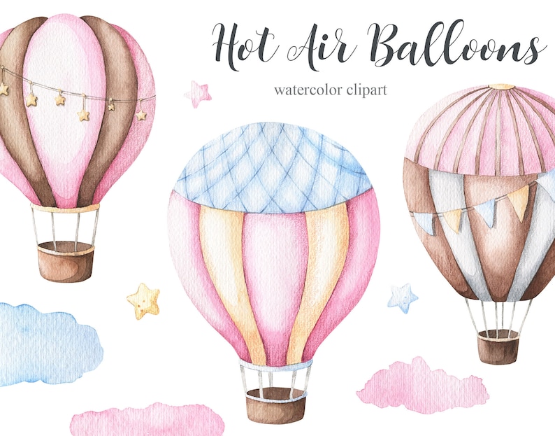 Hot Air Balloon Watercolor Clipart, Kids Clipart, Nursery Decor, Baby ...