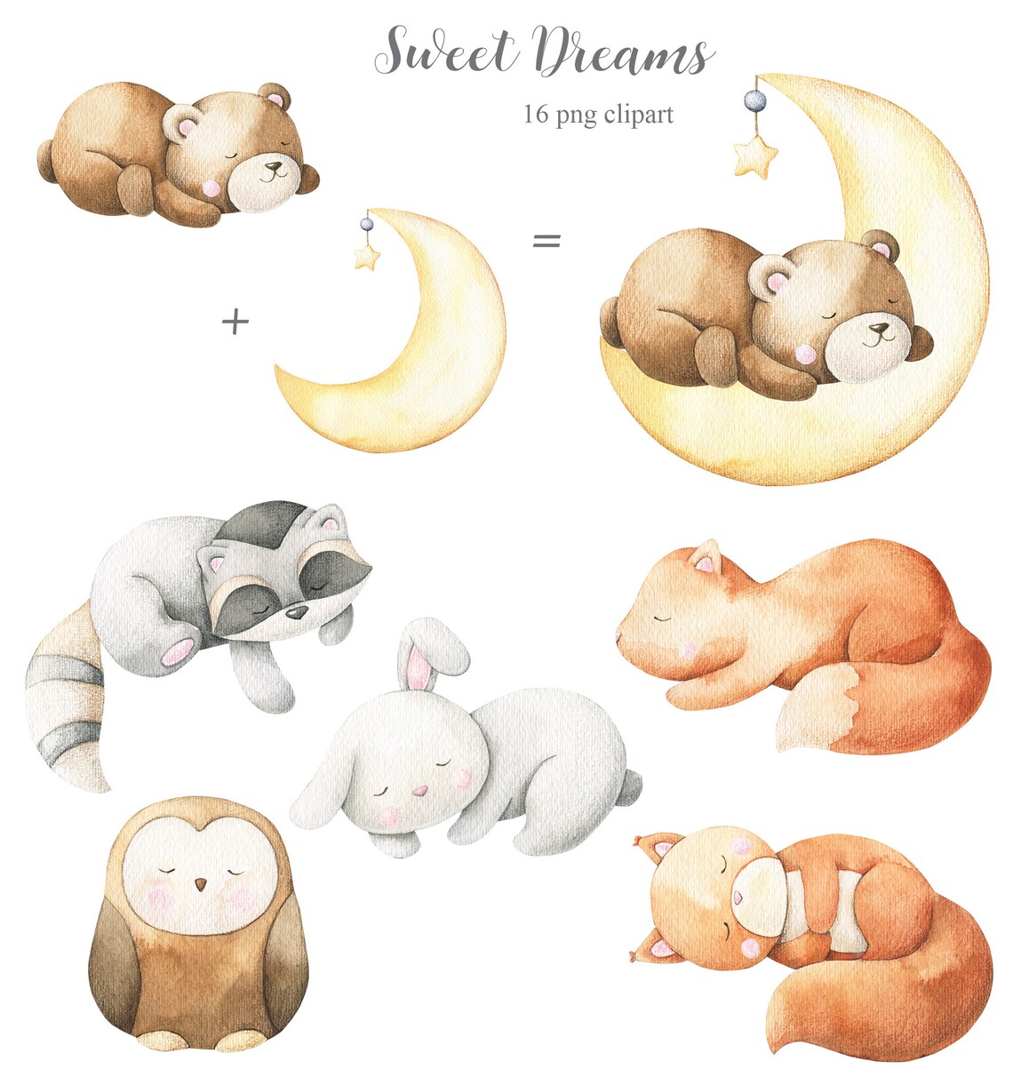 Watercolor Sleeping Animals, Woodland Nursery Clipart, Woodland Animals ...