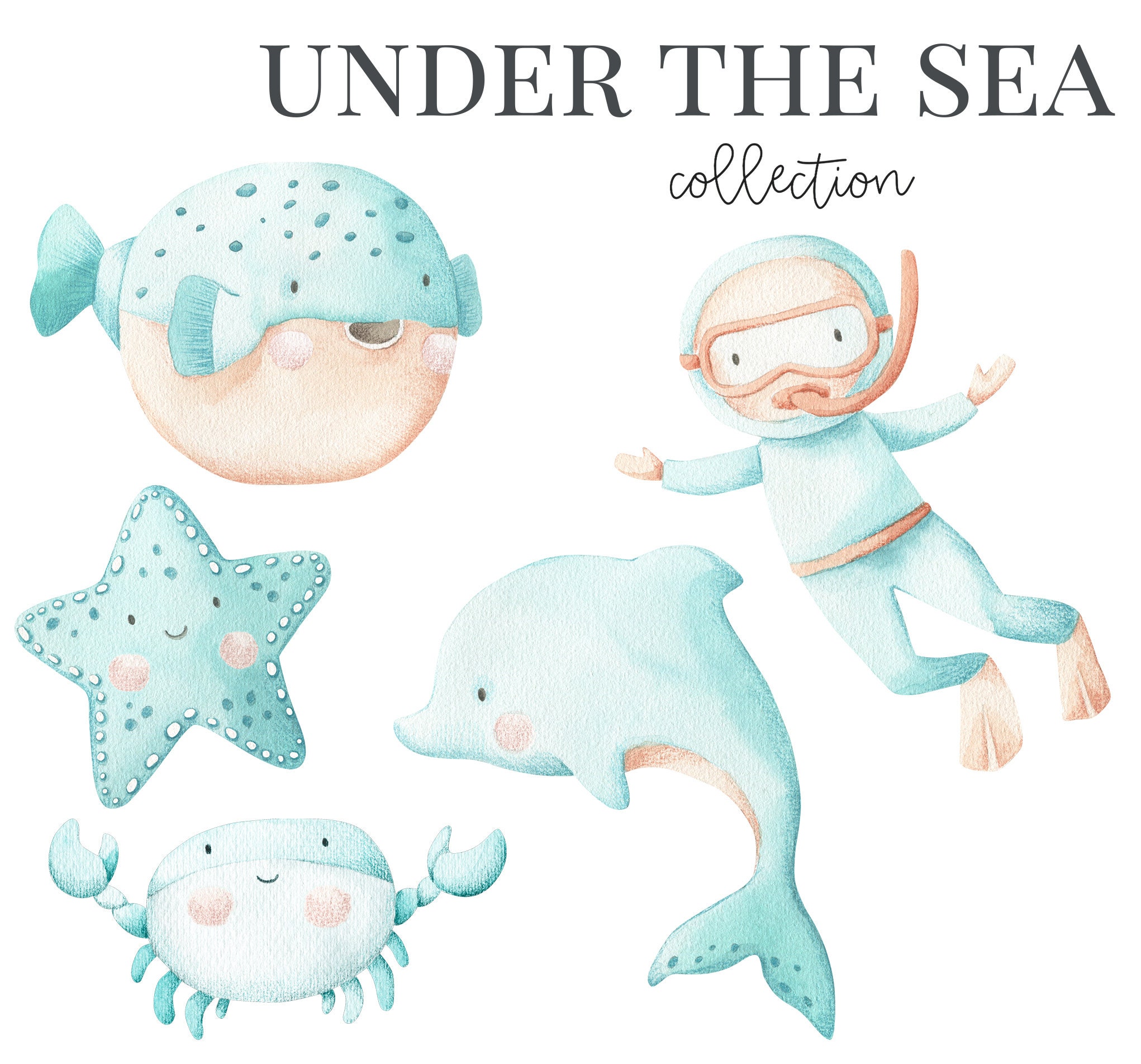 Watercolor Under the Sea Clipart. Baby Girl Mint Turquoise Nautical ...